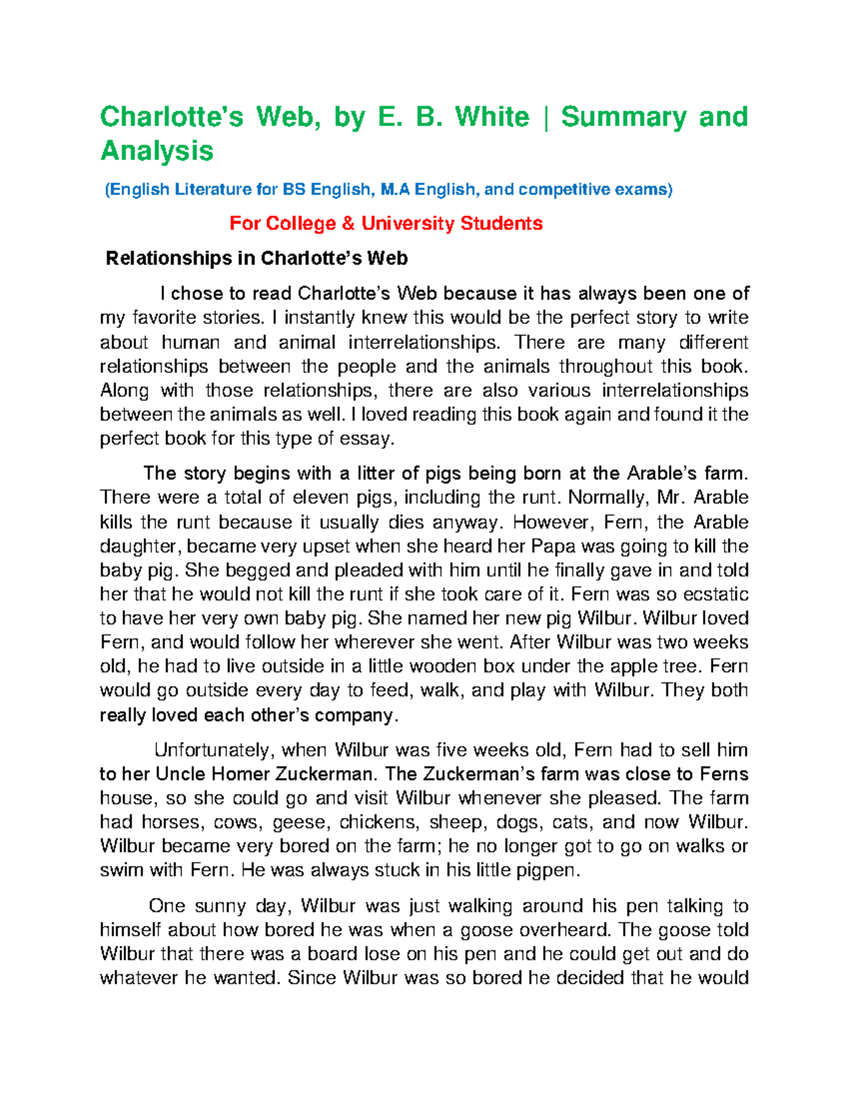 Charlotte's Web, by E. B. White - Summary and Analysis - Charlotte's ...