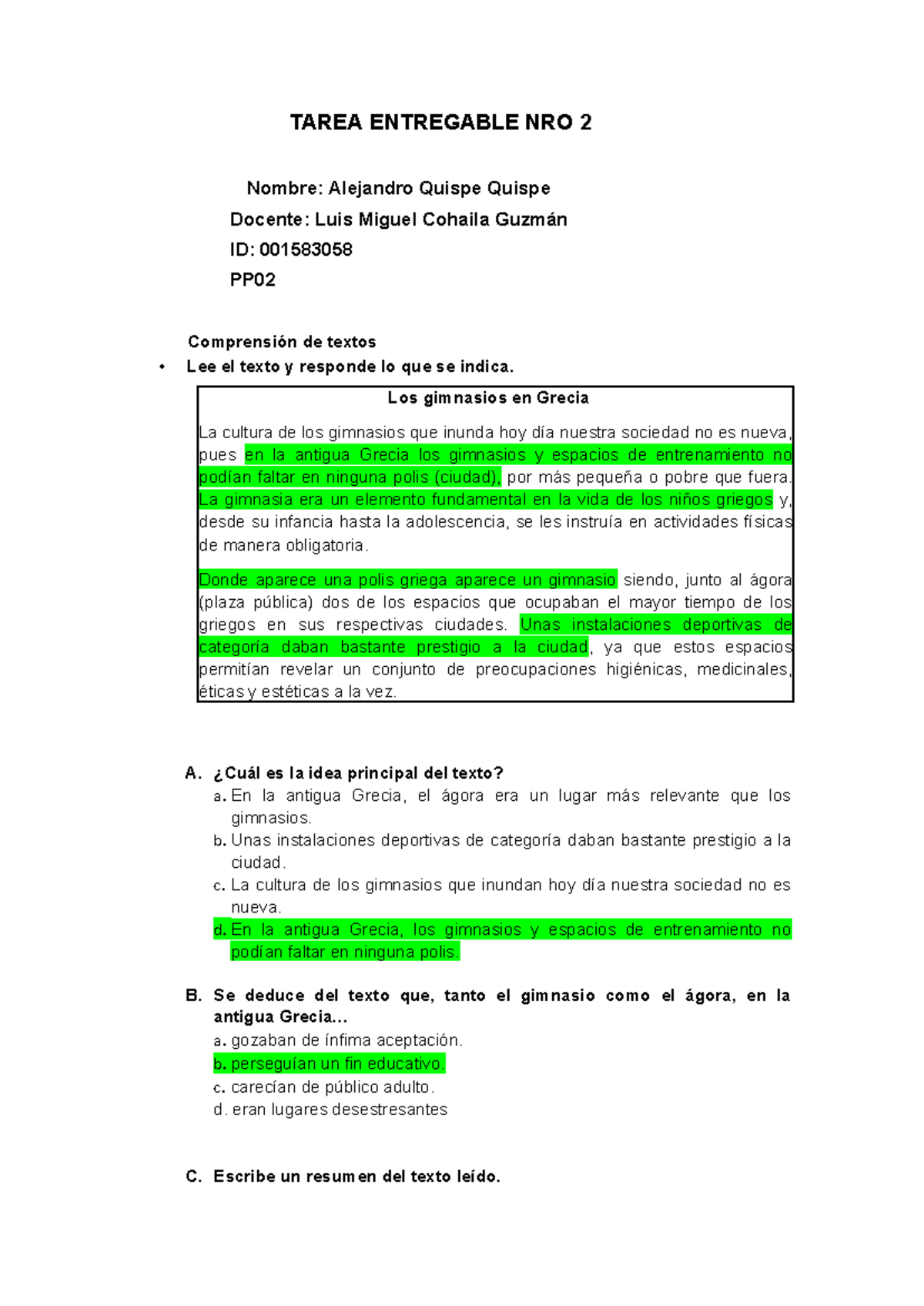 Entregable QQA - tareas - TAREA ENTREGABLE NRO 2 Nombre: Alejandro Quispe Quispe Docente: Luis ...
