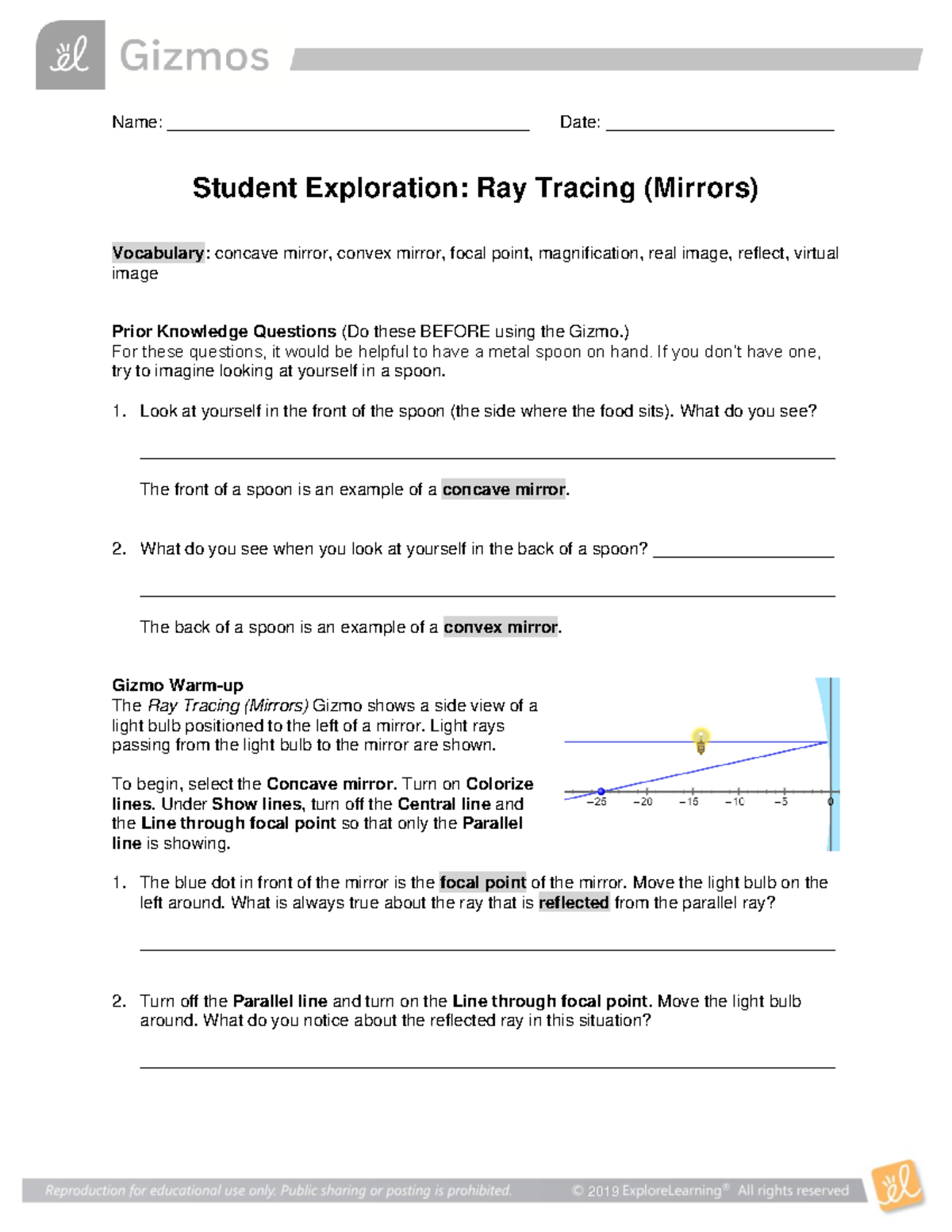 Ray Tracing (Mirrors) study worksheet - Name ...