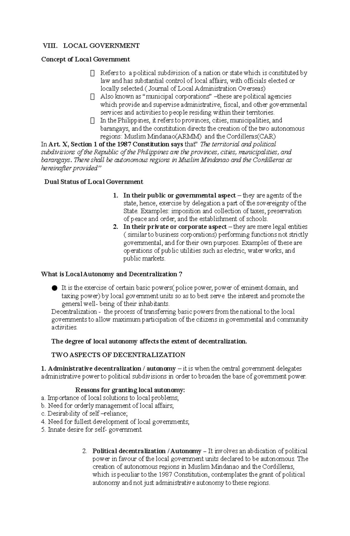 Module VIII - Local Government - VIII. LOCAL GOVERNMENT Concept of ...