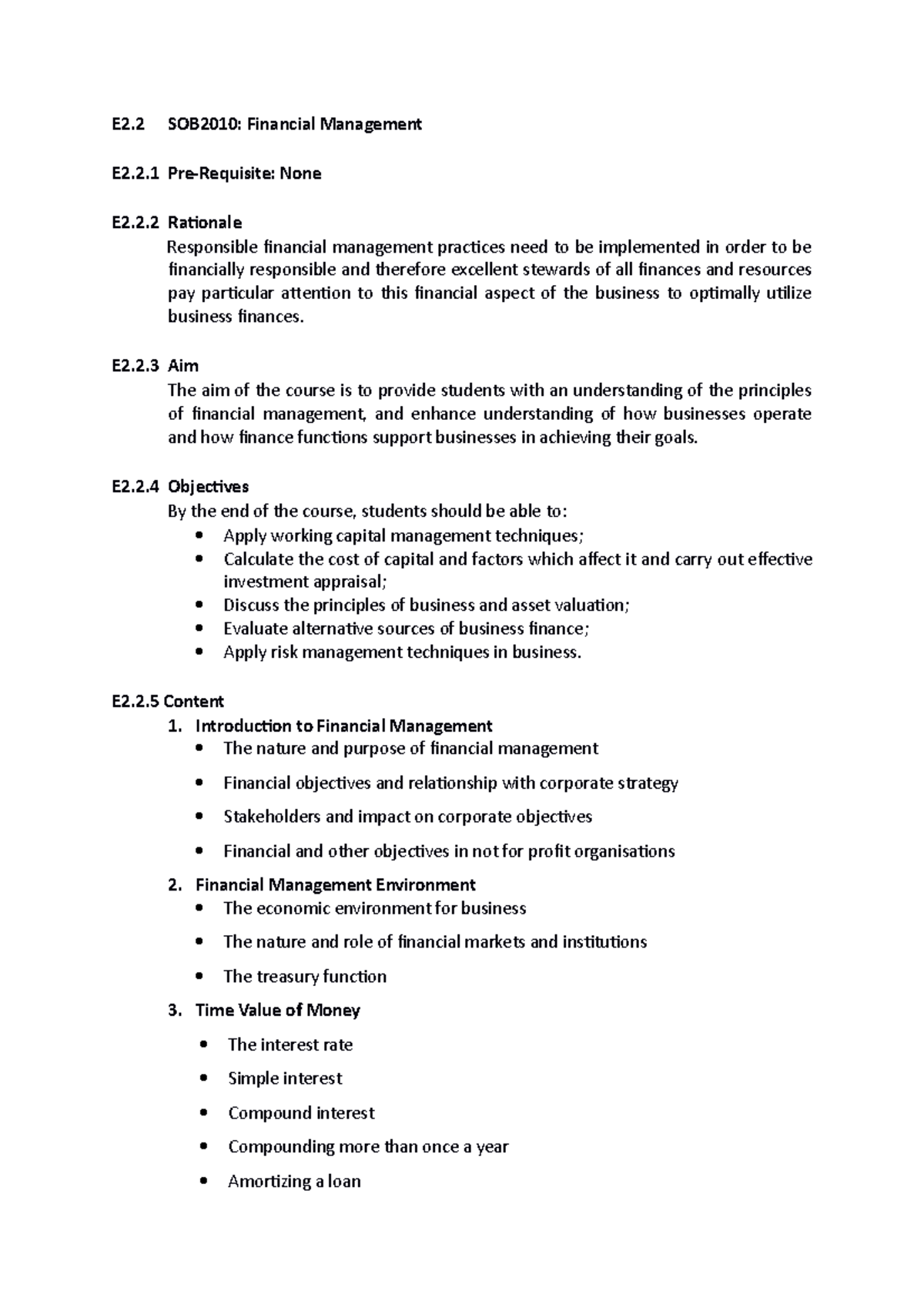 Syllabus - Financial Management - E2 SOB2010: Financial Management E2.2 ...