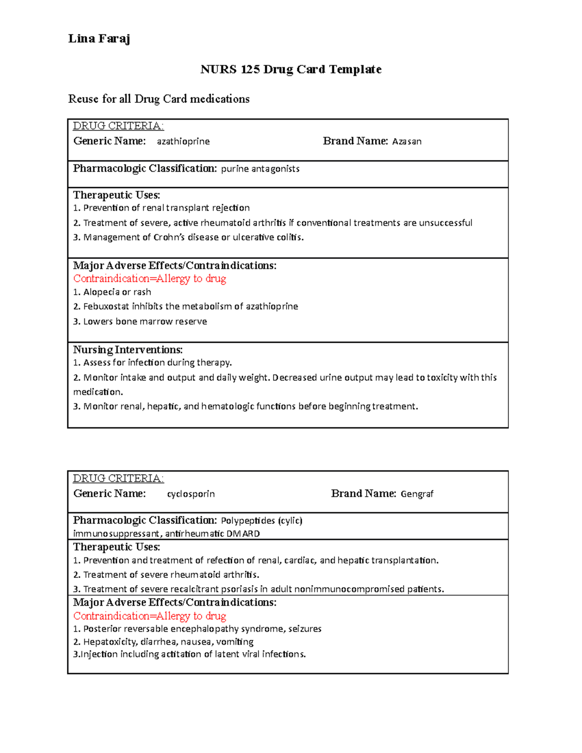 Drug card one - Lina Faraj NURS 125 Drug Card Template Reuse for all ...