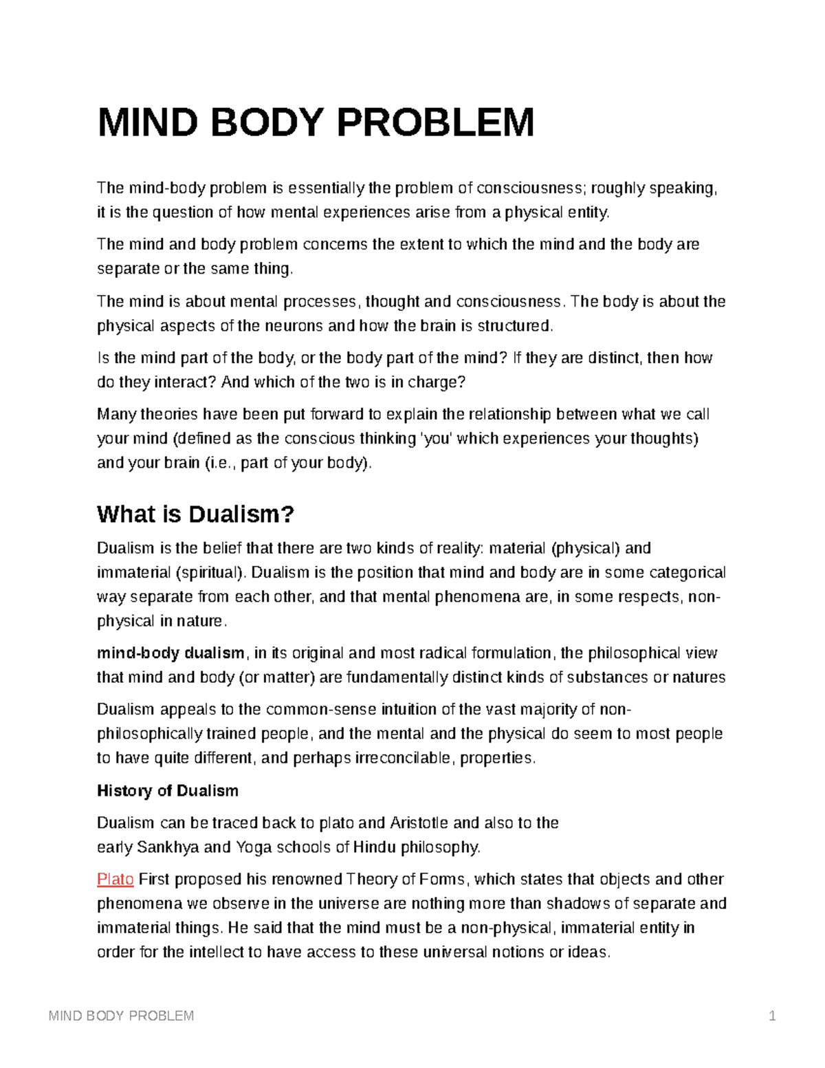 MIND BODY Problem - MIND BODY PROBLEM 1 MIND BODY PROBLEM The mind-body ...