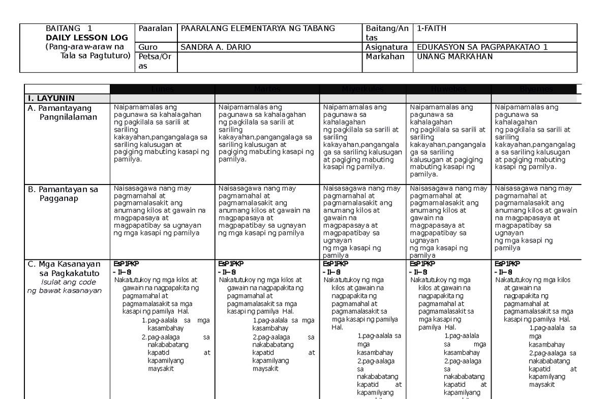WEEK 9 QTR 1 ESP 1 - SDS DFGDG GOOD - BAITANG 1 DAILY LESSON LOG (Pang-araw-araw na Tala sa ...
