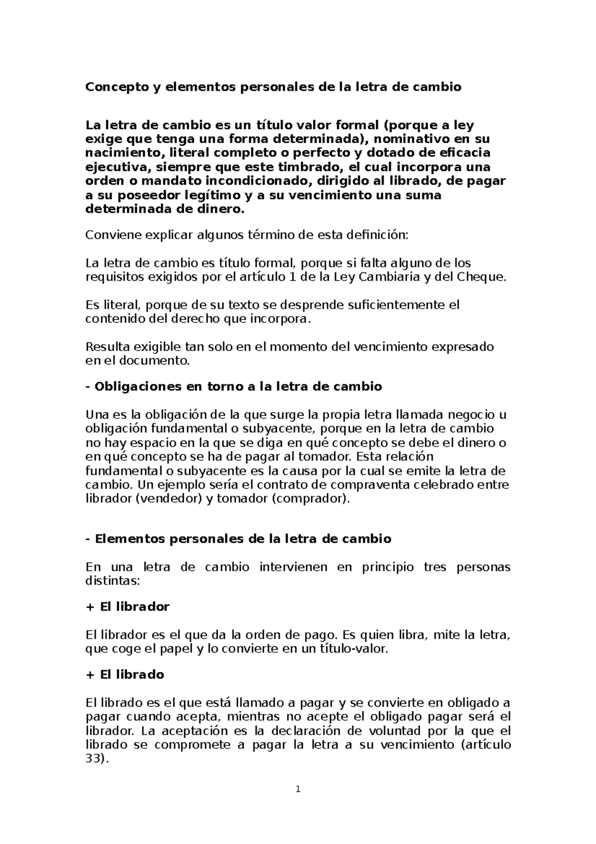 Concepto y elementos personales de la letra de cambio - Conviene ...