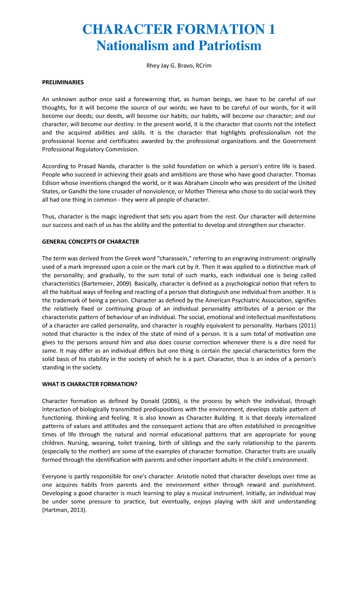 Character Formation 1 - CHARACTER FORMATION 1 Nationalism and ...