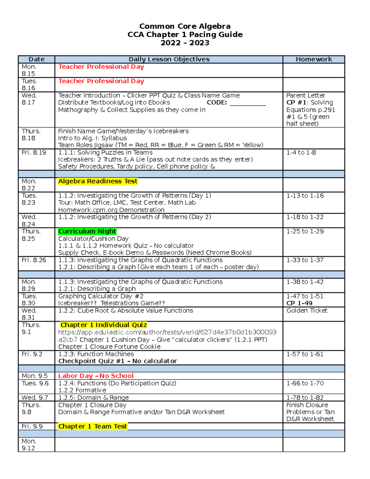 CCA Chapter 1 Pacing Guide 5 - Common Core Algebra CCA Chapter 1 Pacing ...