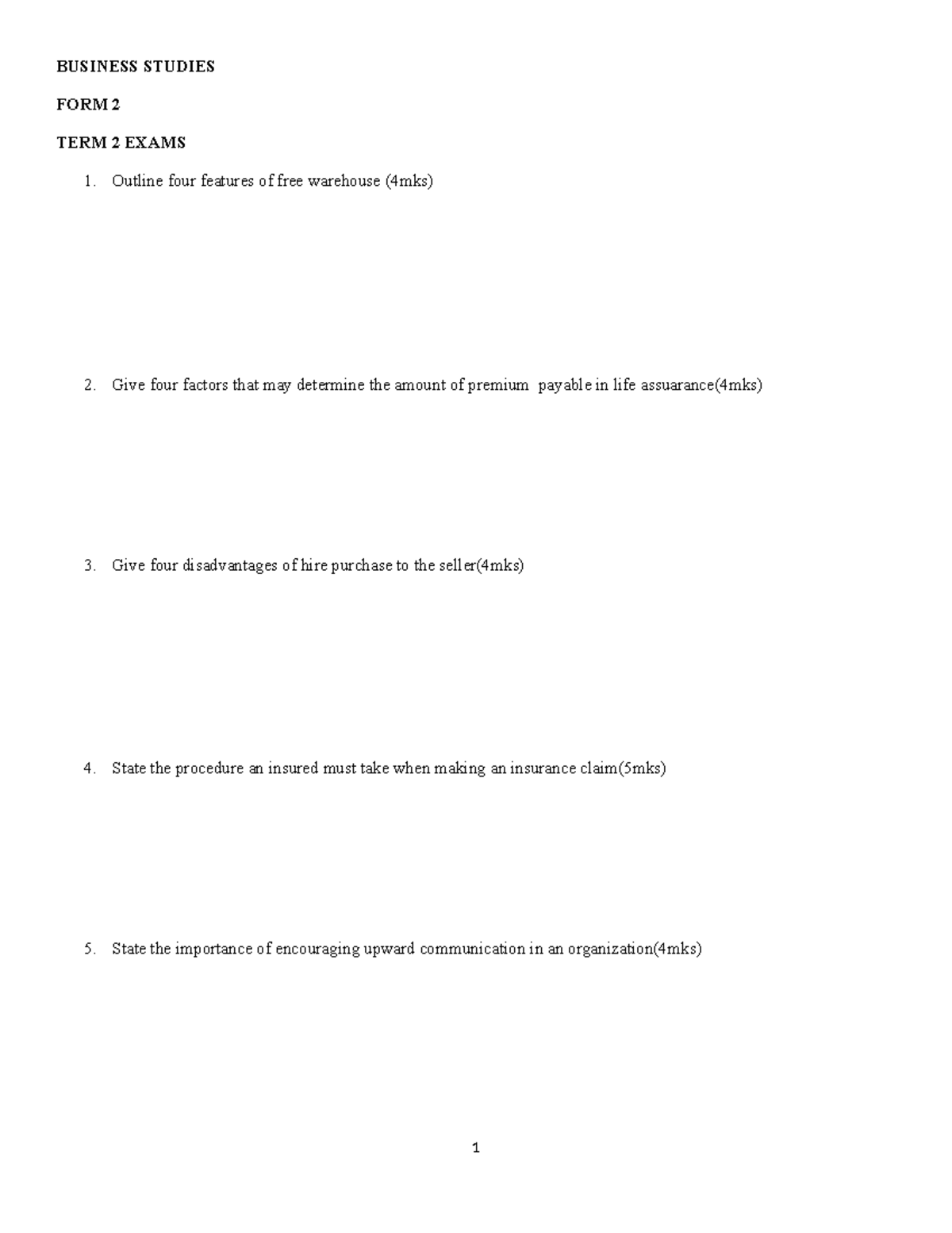 Business FORM 2 End Term 2 - BUSINESS STUDIES FORM 2 TERM 2 EXAMS ...