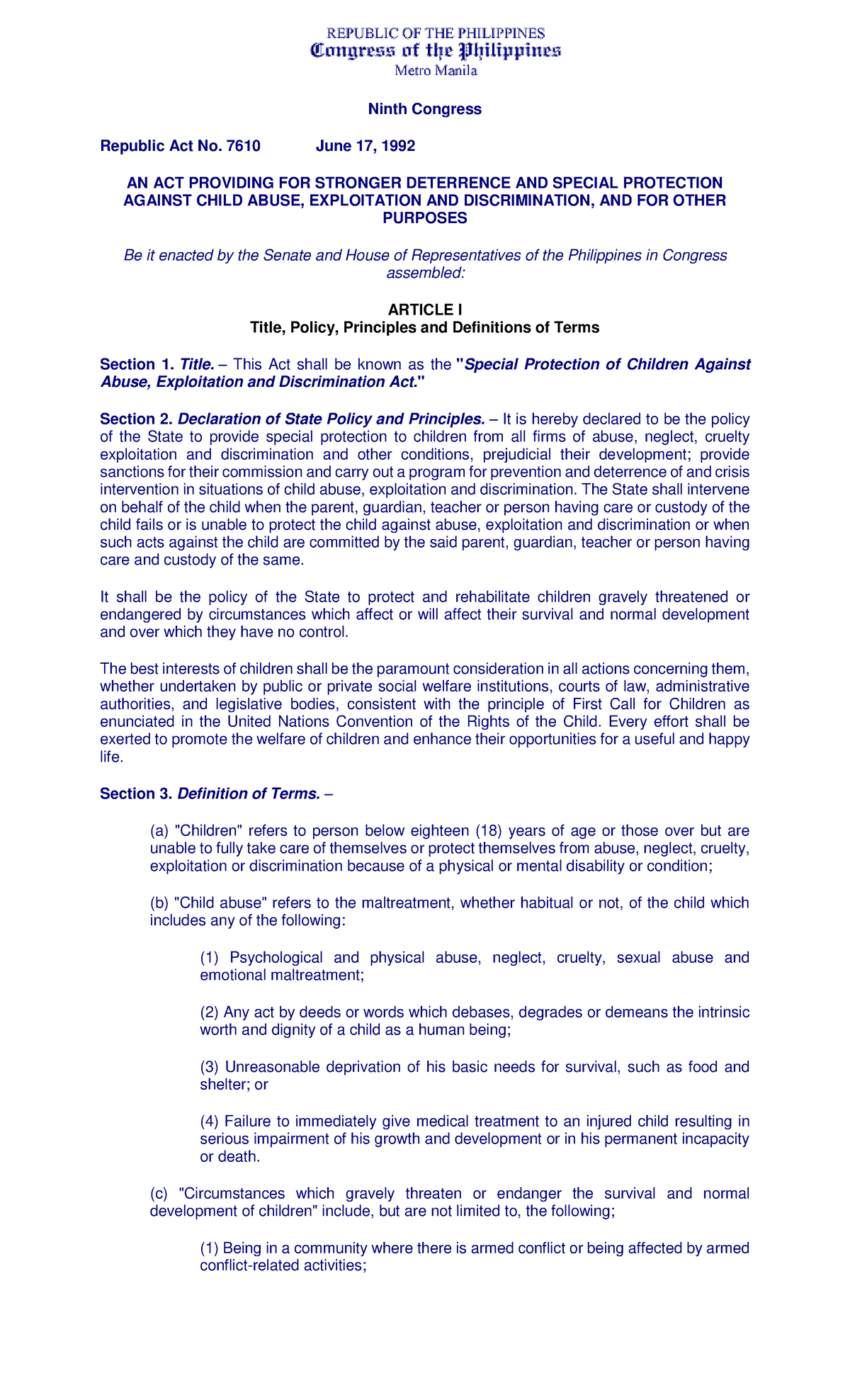 CRI 192 - Reviewer and lecture - Ninth Congress Republic Act No. 7610 ...