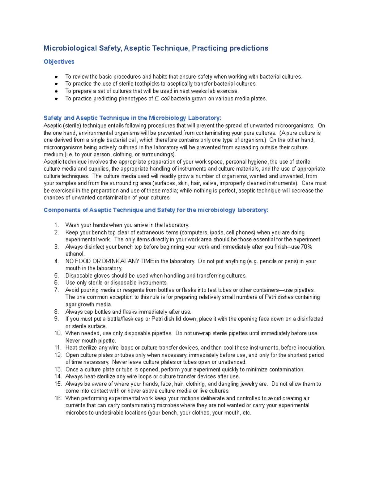 Microbiology Methods Lab - Microbiological Safety, Aseptic Technique ...
