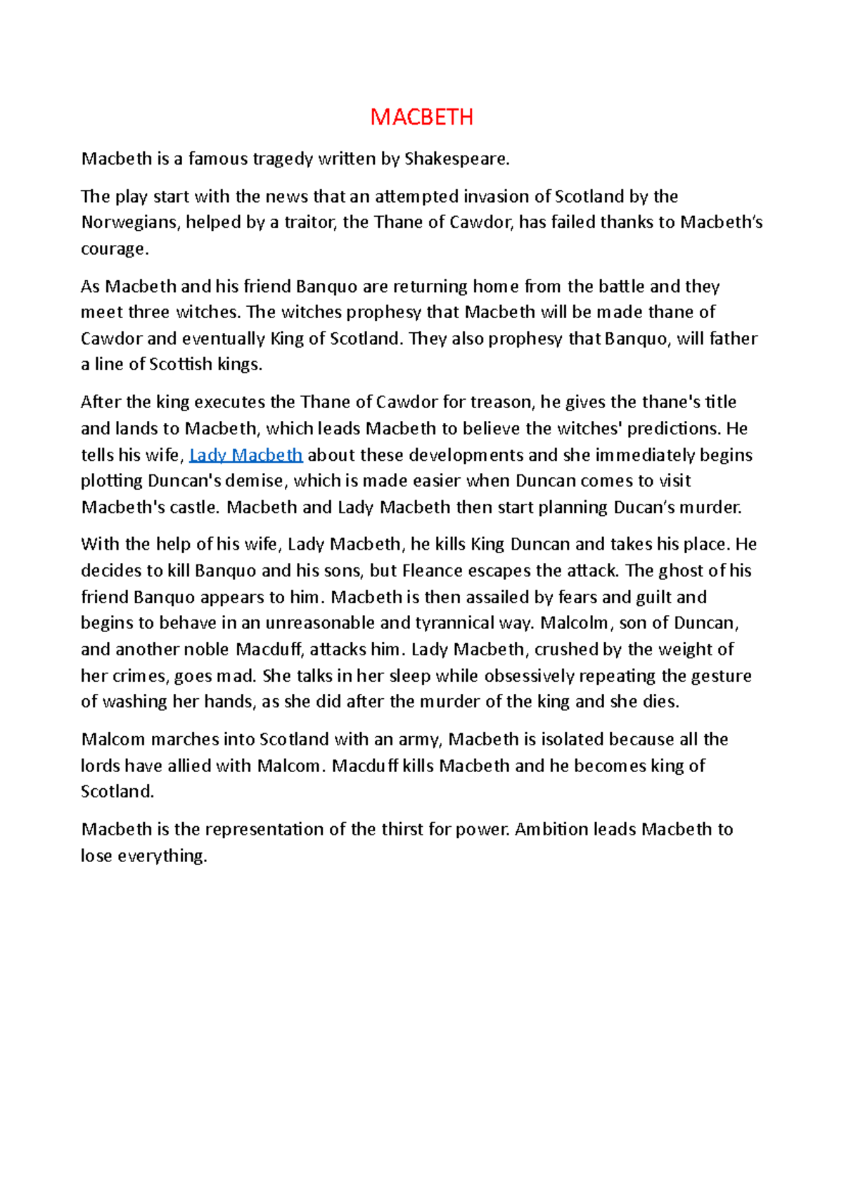 Macbeth - Riassunto - MACBETH Macbeth is a famous tragedy written by ...