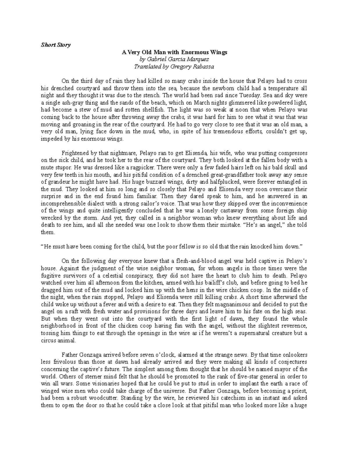 Attachment for Lesson 2 - M1 - Short Story A Very Old Man with Enormous ...