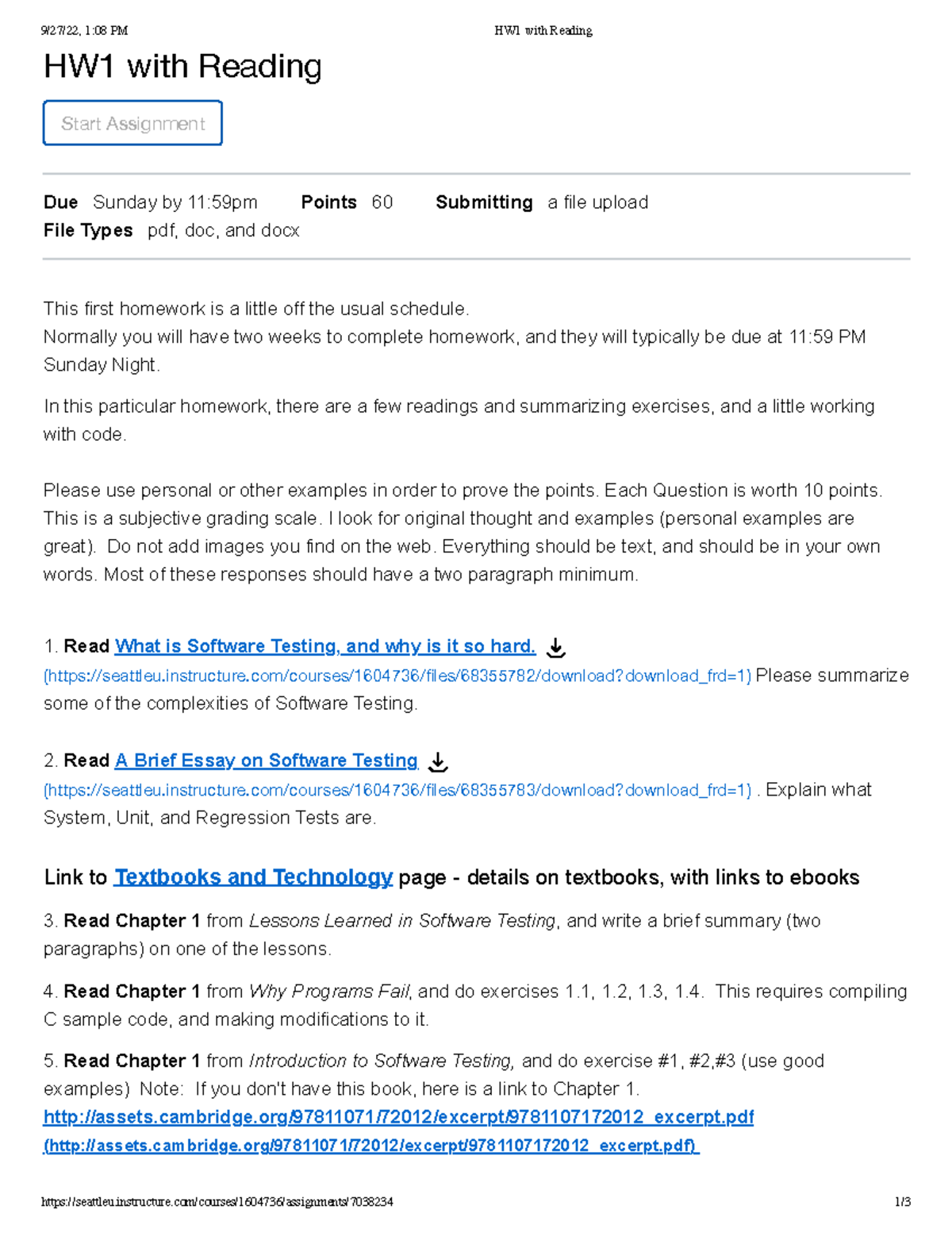 HW1 with Reading - Foundations Of Computer Science hw2 - 9/27/22, 1:08 PM HW1 with Reading - Studocu