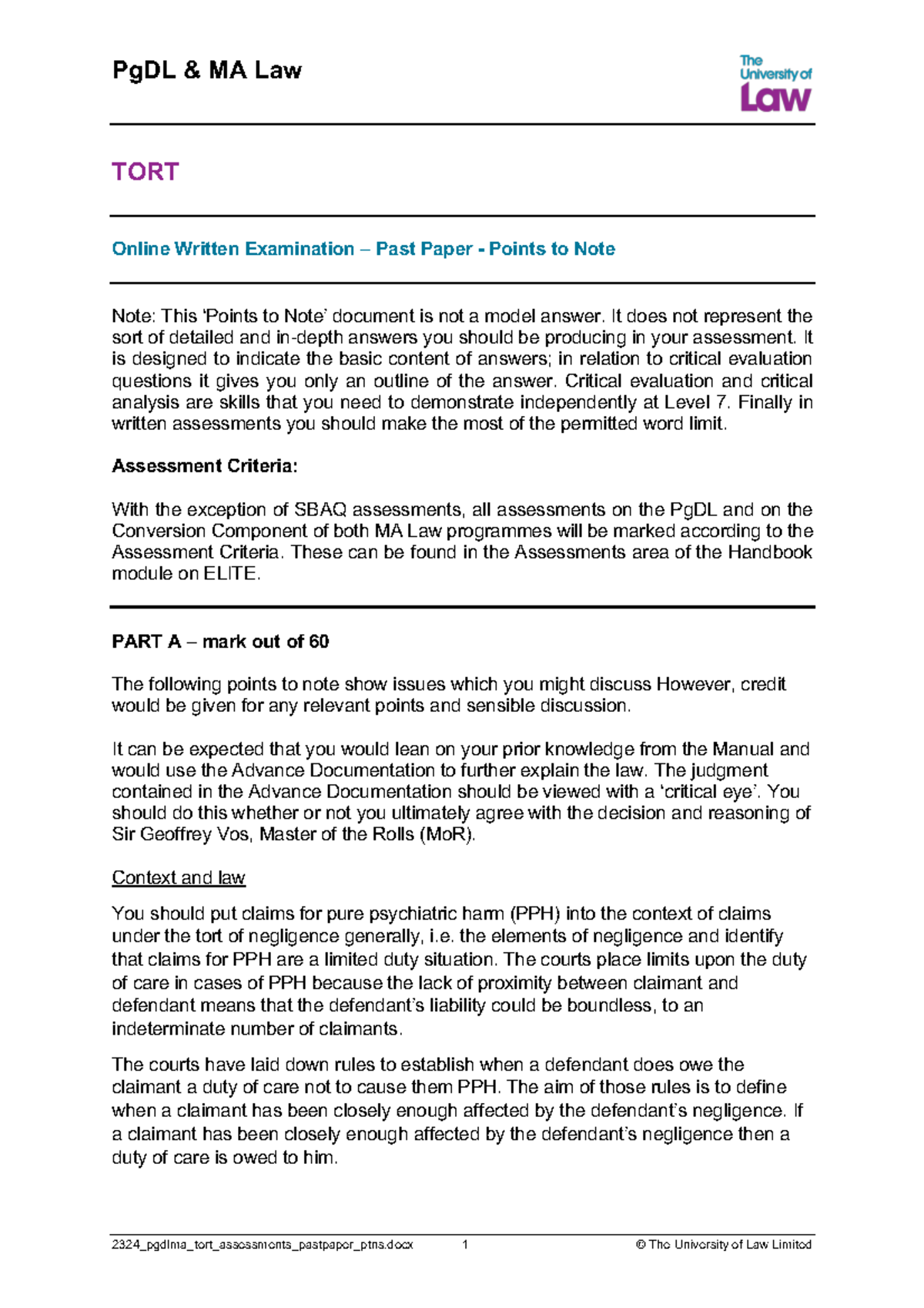 Tort points to note - TORT Online Written Examination – Past Paper ...