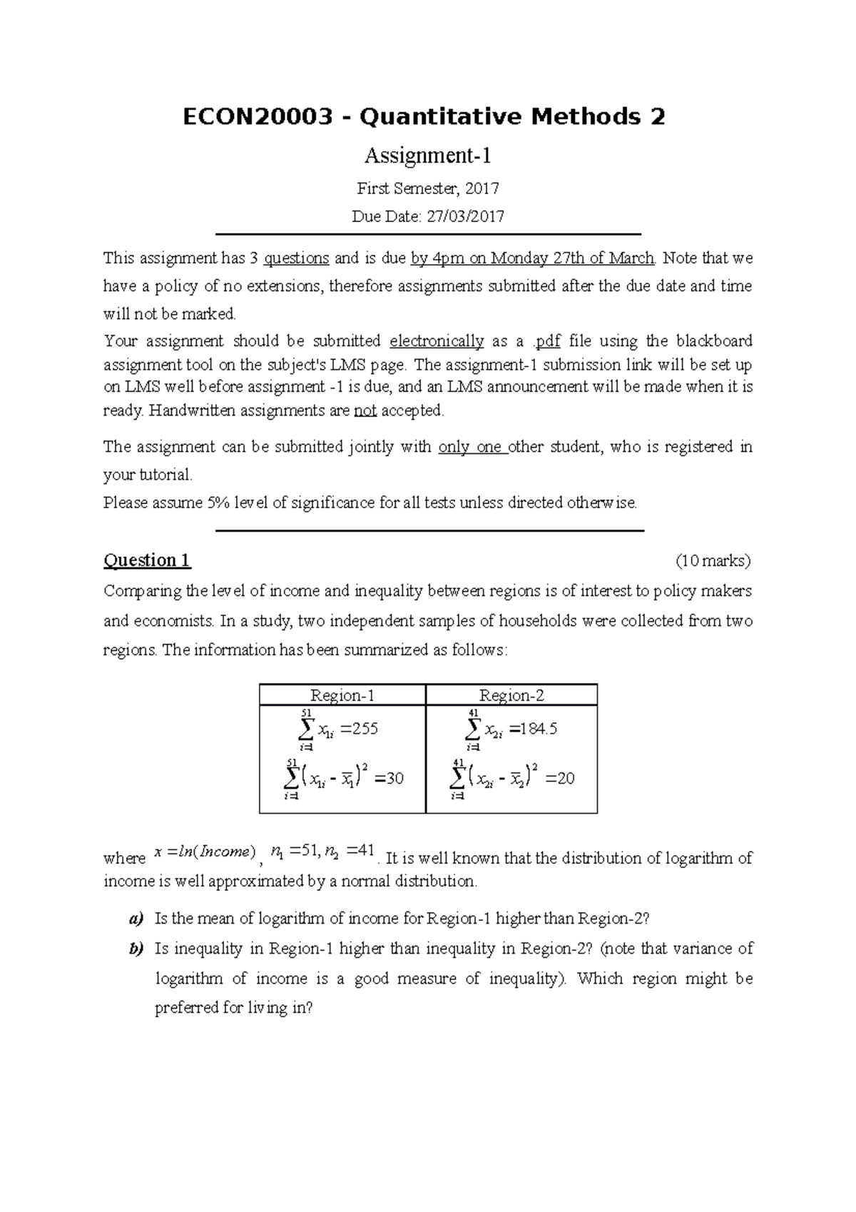 Assign 1 Detailed Assignment Preparation Econ20003 Quantitative Methods 2 Assignment 1