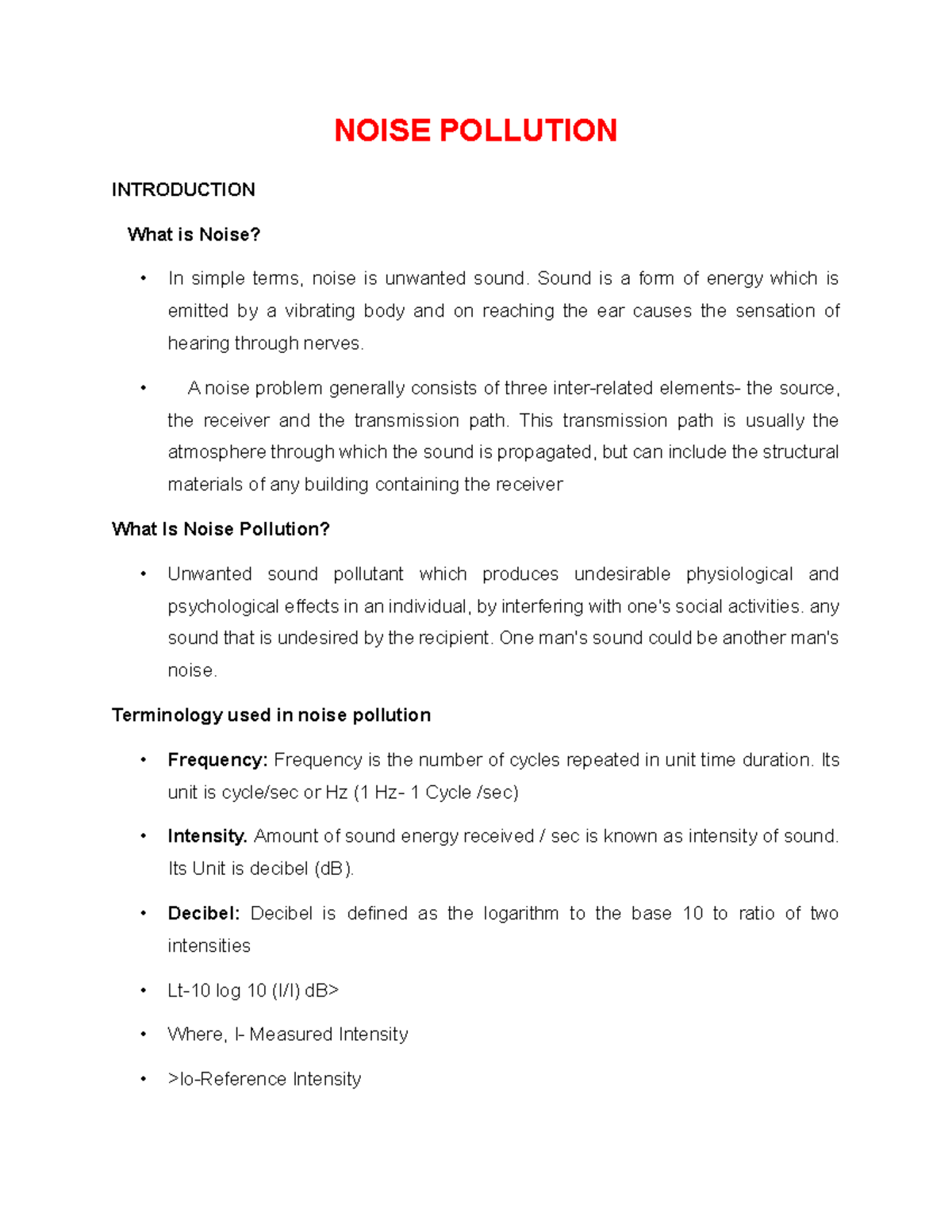 Noise Pollution - NOISE POLLUTION INTRODUCTION What is Noise? - In ...