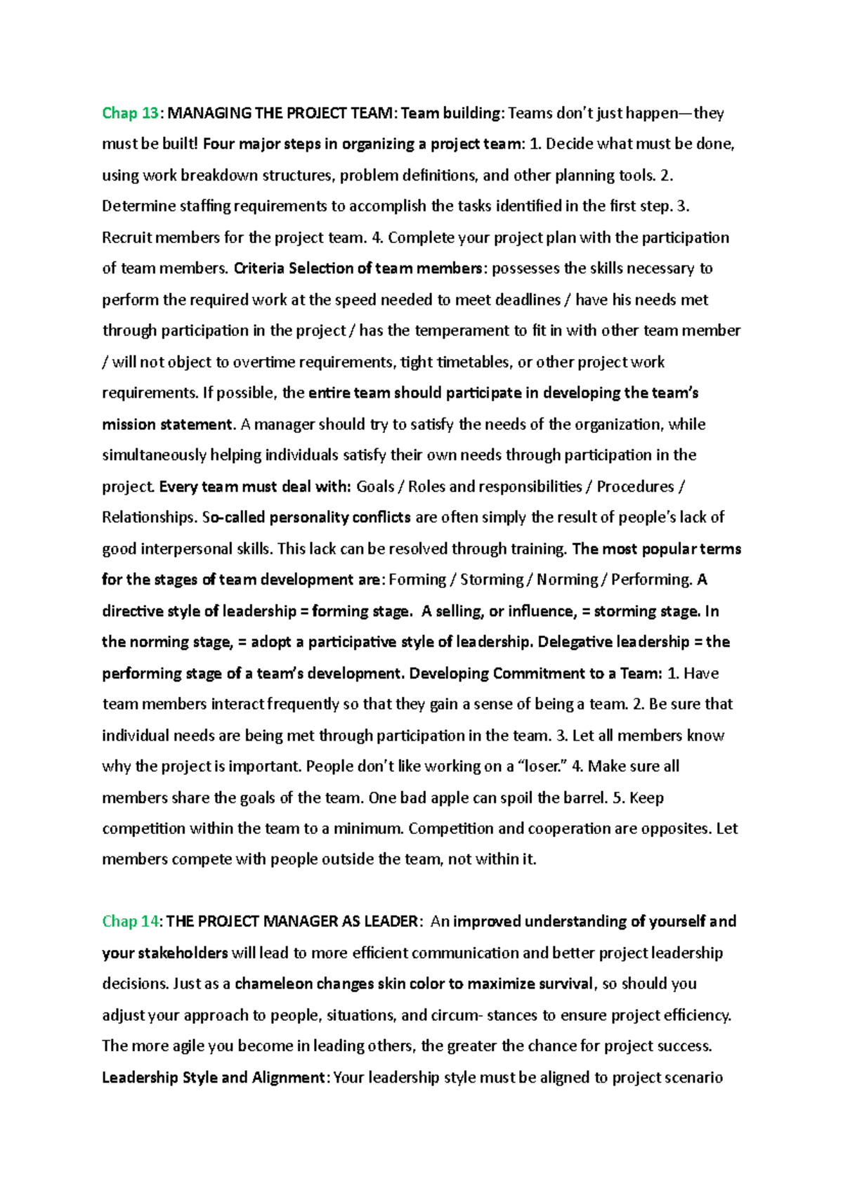 Chap 13 and 14 and additional info - Chap 13 : MANAGING THE PROJECT ...