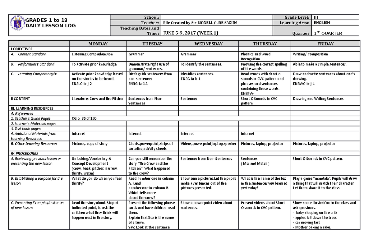 Grade 3 DLL English 3 Q1 Week 1 - GRADES 1 to 12 DAILY LESSON LOG ...