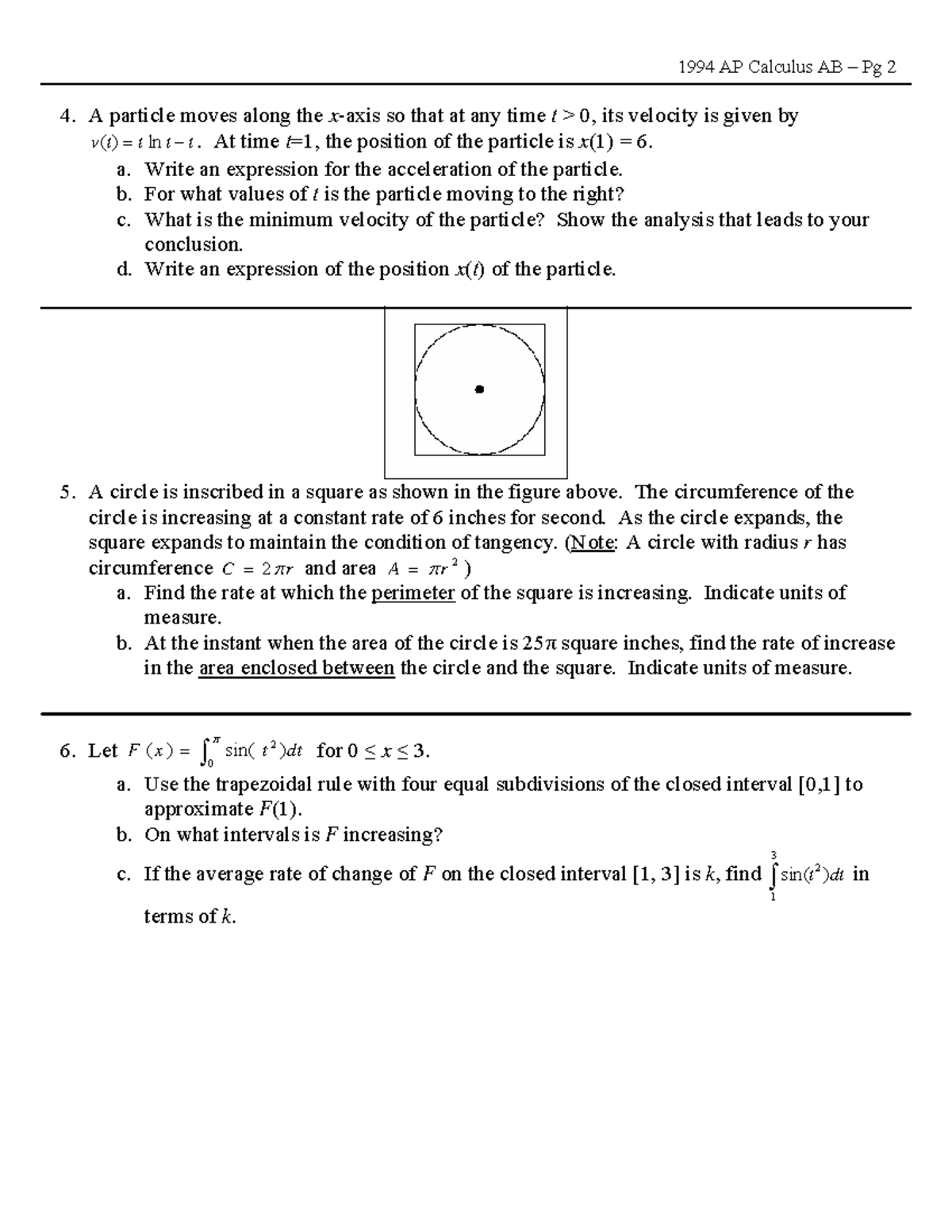 1994 AB Free Response Related Rate 5 - 1994 AP Calculus AB – Pg 2 A ...