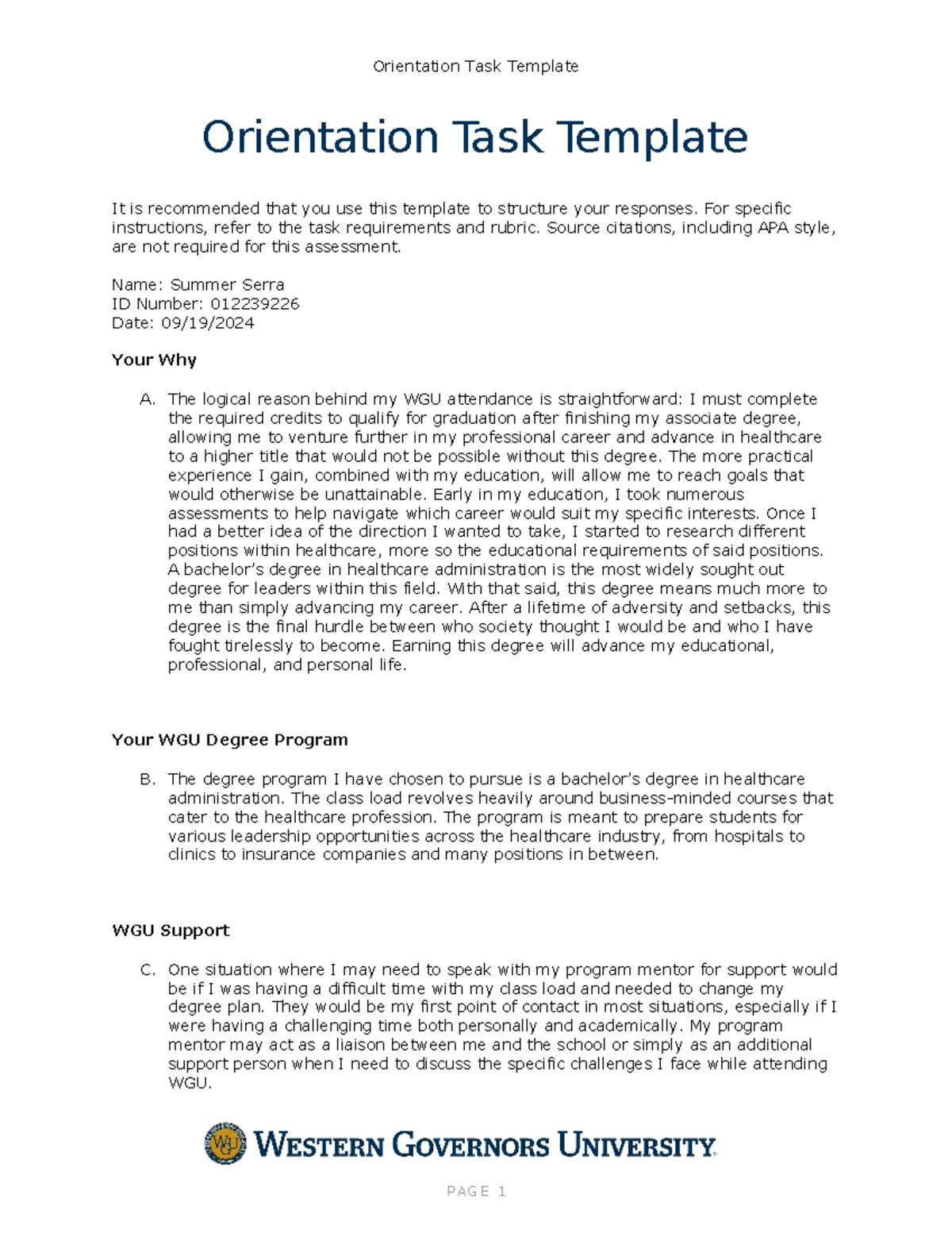 Summer Orientation Task - Orientation Task Template It is recommended ...