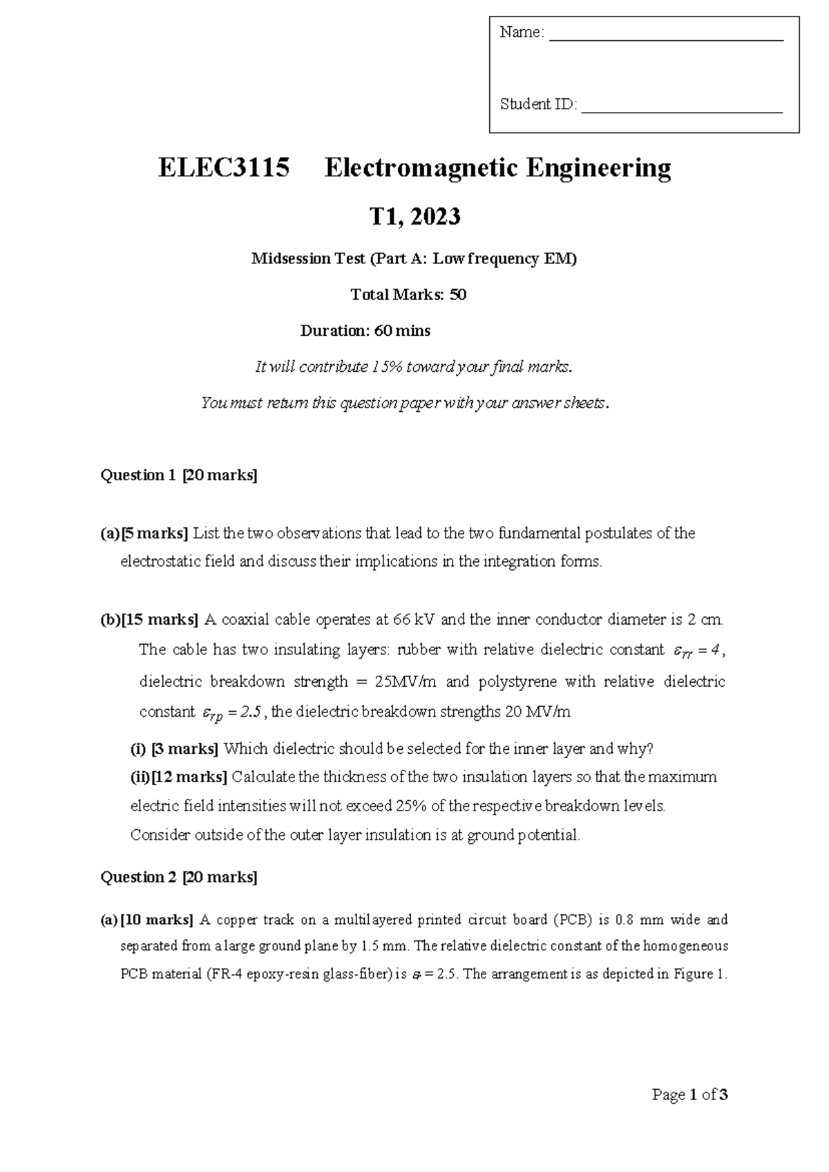 MSTest 2023 - Midterm 2023 Exam Past Paper - Page 1 of 3 ELEC3115 ...