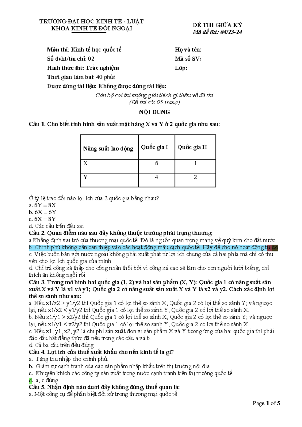 De giua ky Kthqt De 4 2024 In - TRƯỜNG ĐẠI HỌC KINH TẾ - LUẬT ĐỀ THI GIỮA KỲ Mã đề thi: 0 4 /2 3 ...