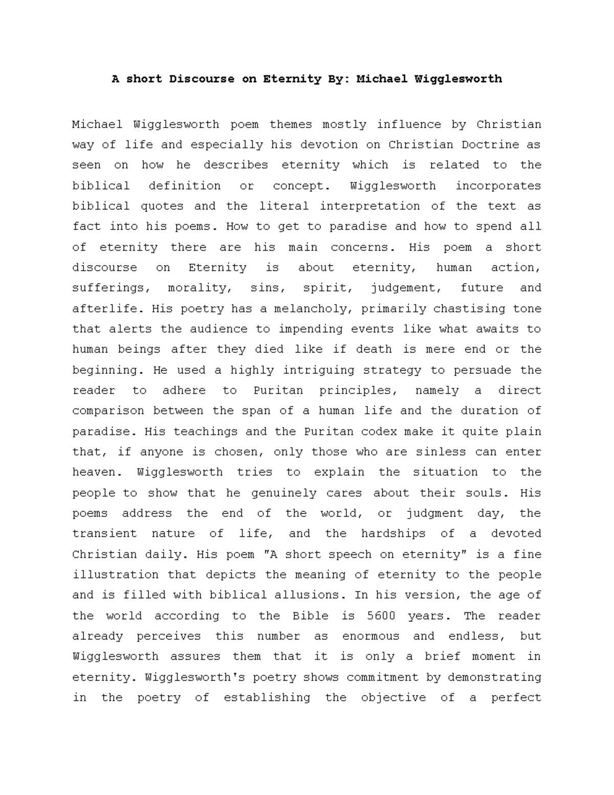 A short Discourse on Eternity By Michael Wigglesworth - Wigglesworth ...