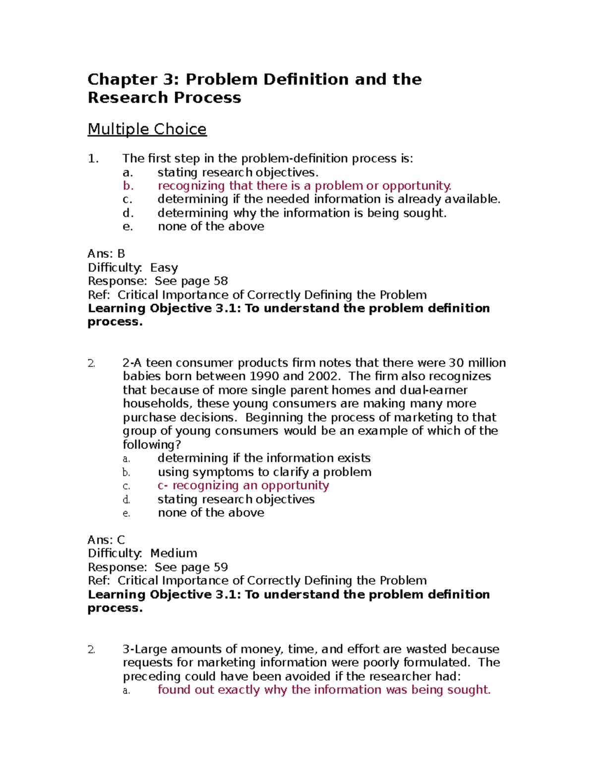 Rtf - Chapter 3: Problem Definition and the Research Process Multiple Choice The first step in ...