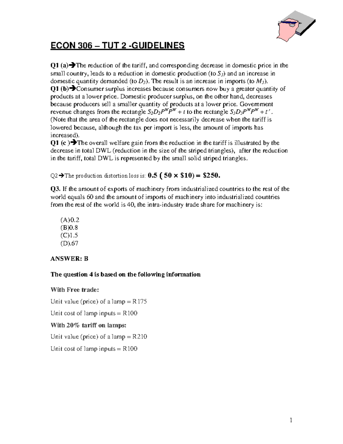 Guidelines- TUT 2- econ 306 - 1 ECON 306 – TUT 2 -GUIDELINES Q1 (a) The ...
