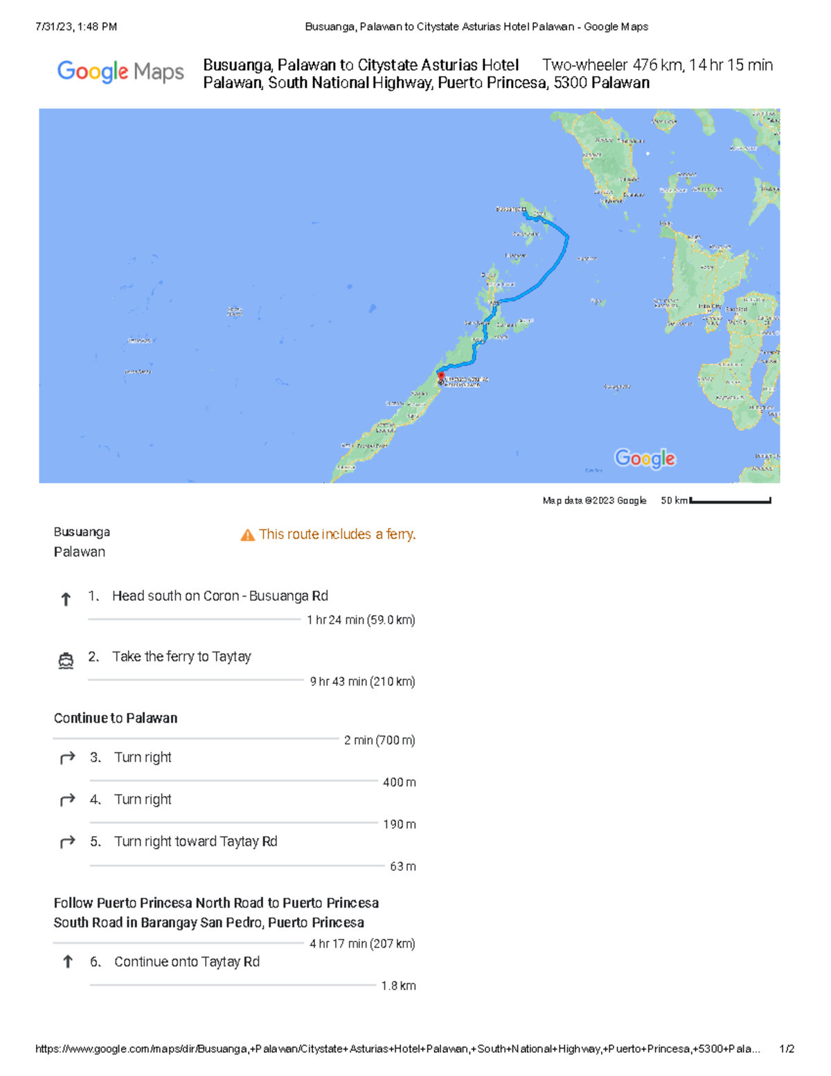 Busuanga, Palawan to Citystate Asturias Hotel Palawan - Google Maps ...