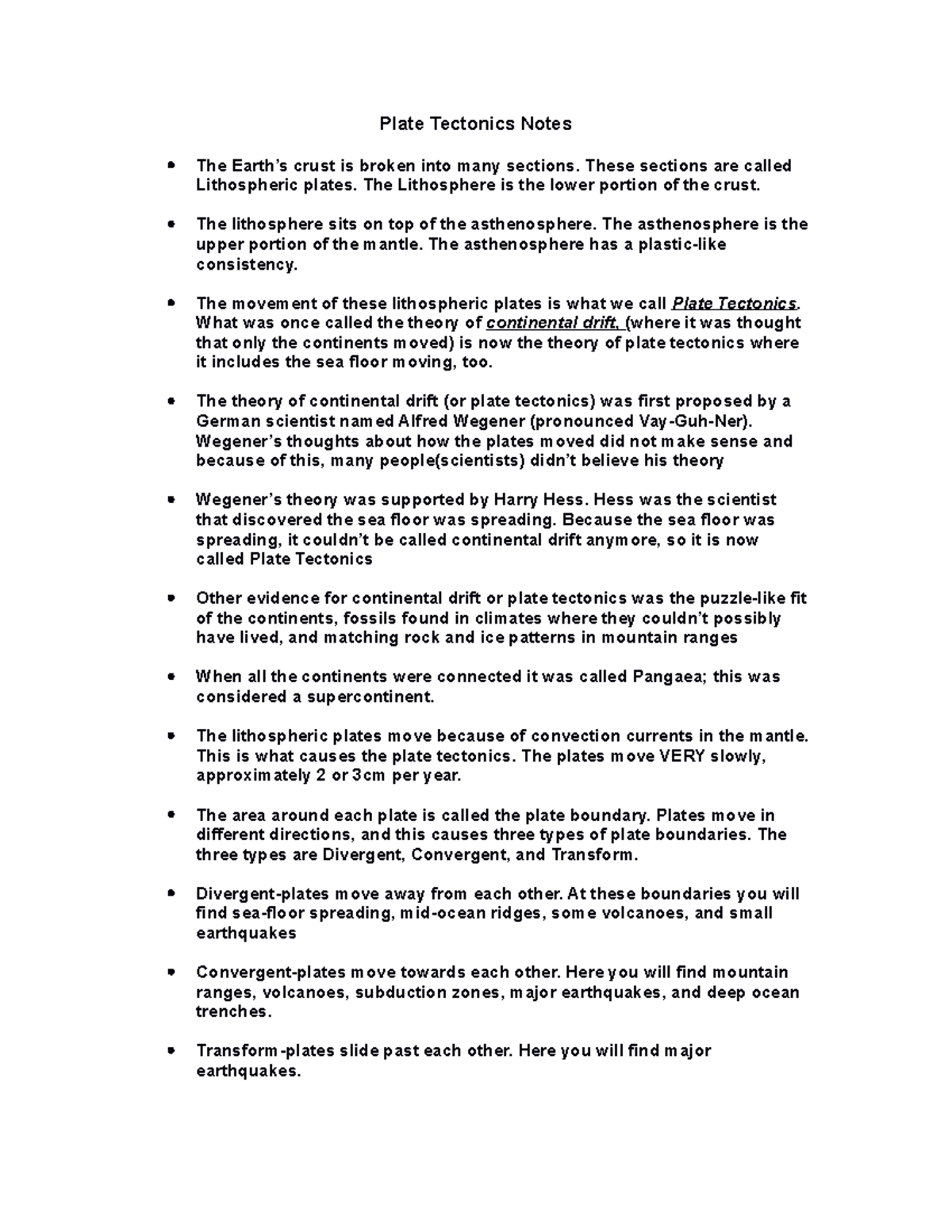 Plate Tectonics Notes - These sections are called Lithospheric plates ...