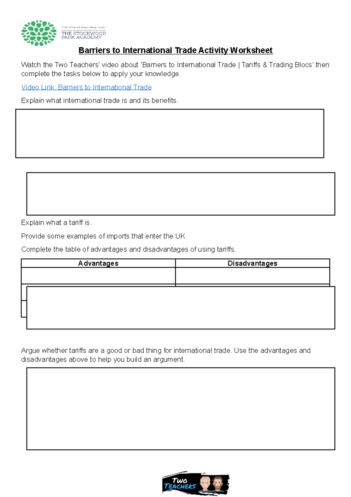 Barriers to International Trade Worksheet - Barriers to International ...
