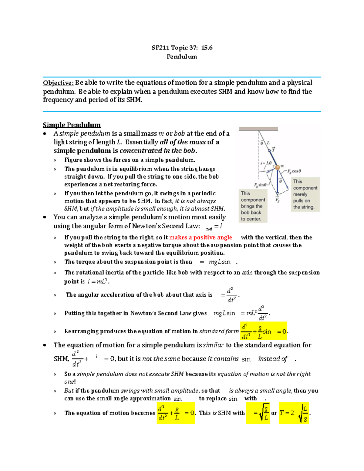 Topic 37;Pendulum - SP211 Topic 37: 15. Pendulum - Studocu