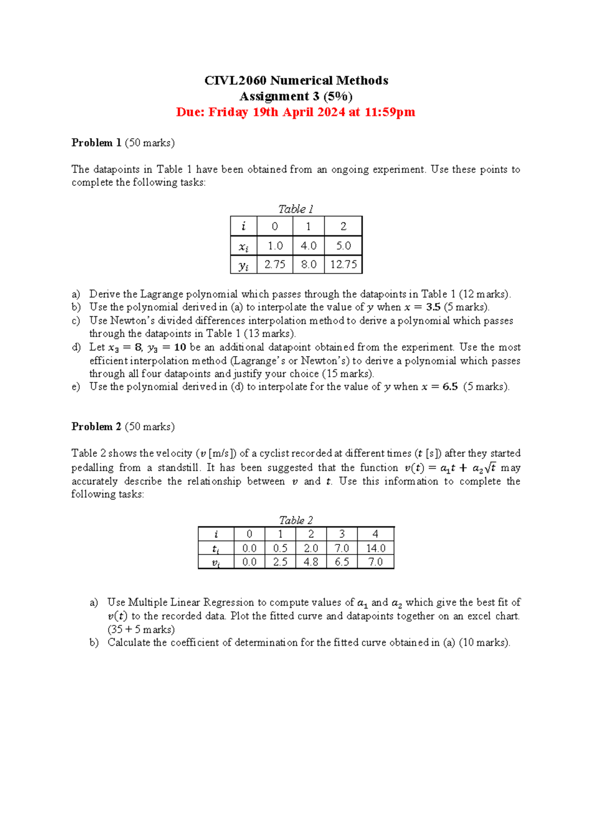 CIVL2060-Assignment 3-Questions - CIVL2060 Numerical Methods Assignment 3 (5%) Due: Friday 19th ...