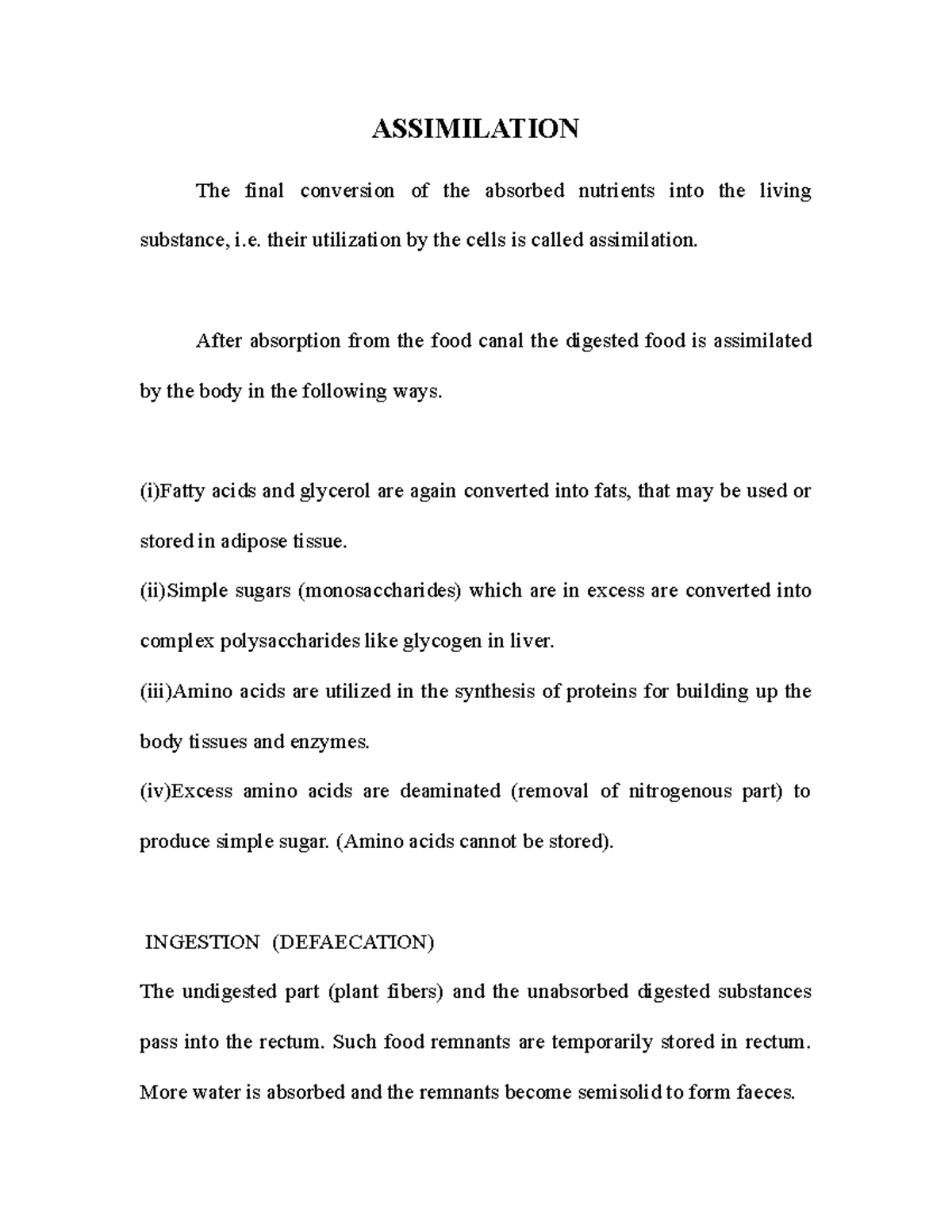 Assimilation of the Digested Food Notes - ASSIMILATION The final ...