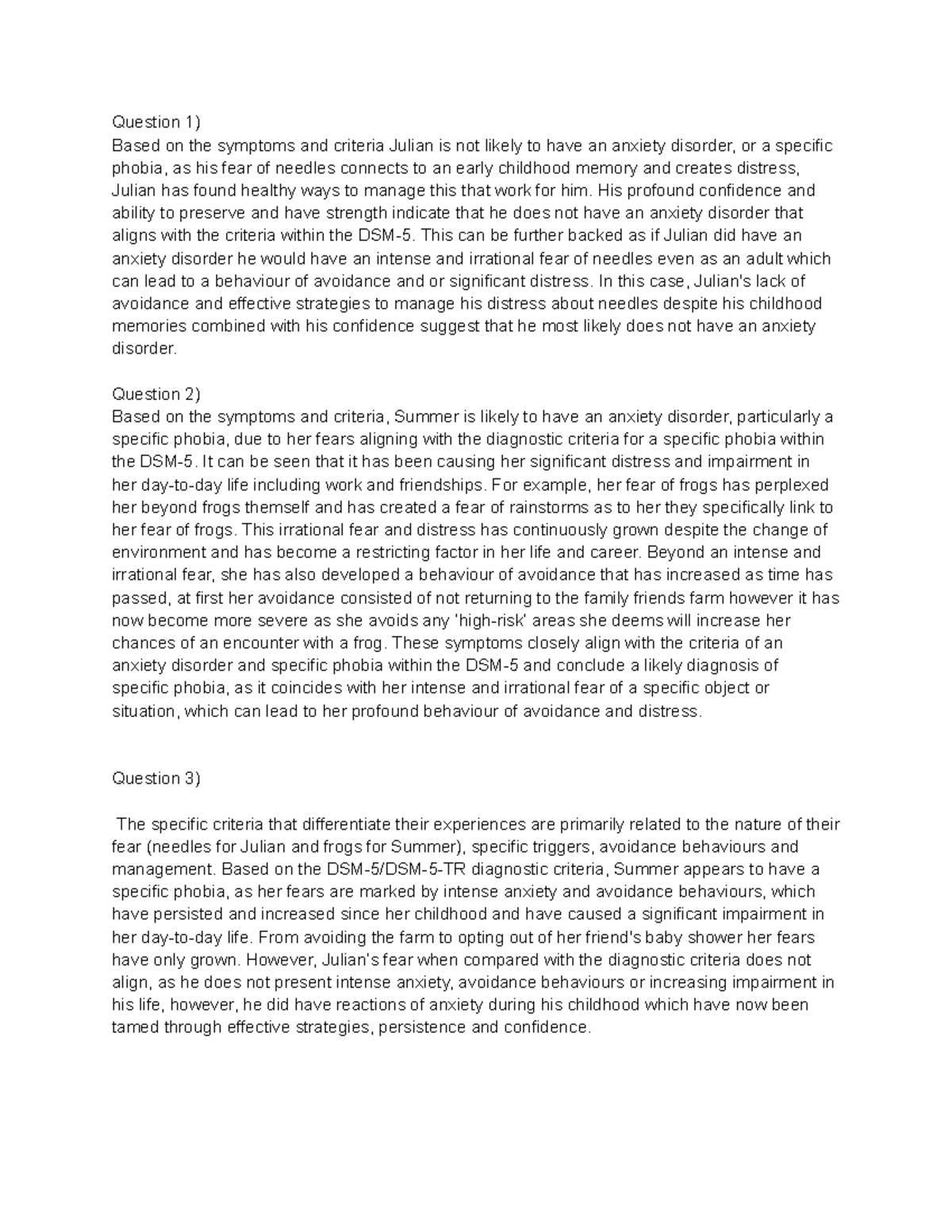 Anxiety - final assignment - Question 1) Based on the symptoms and ...