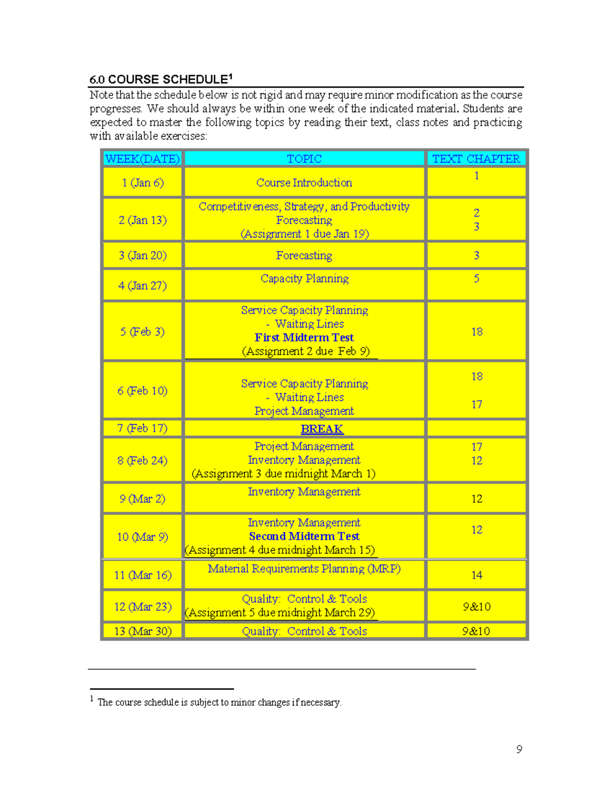Course syllabus - 9 6 COURSE SCHEDULE 1 Note that the schedule below is ...