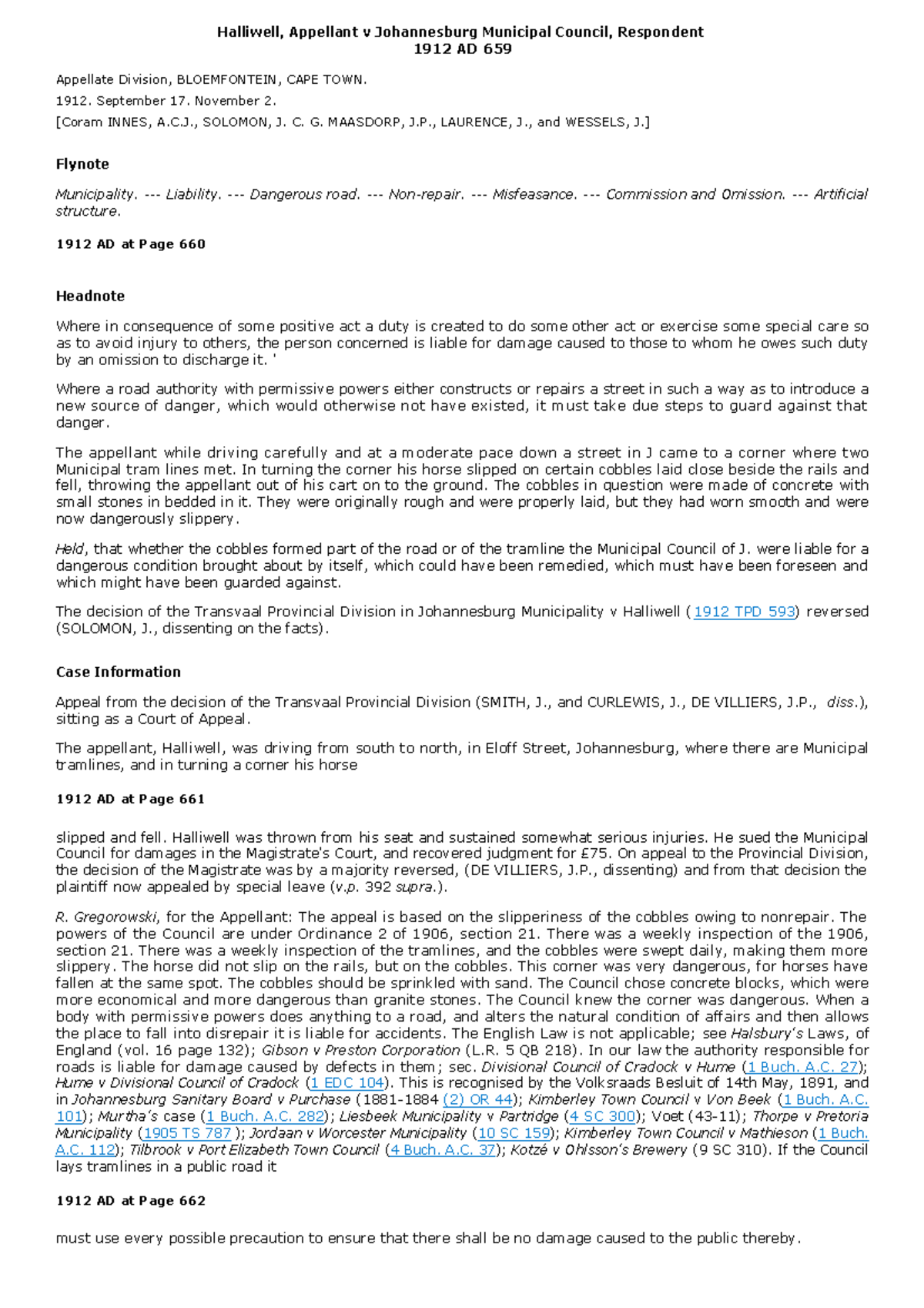 Halliwell, Appellant v Johannesburg Municipal Council, Respondent 1912 ...