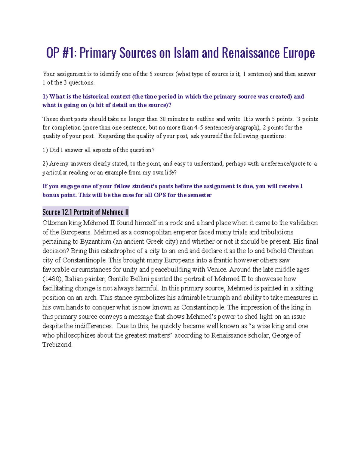 Online Post Assignment Primary Sources on Islam and Renaissance Europe ...