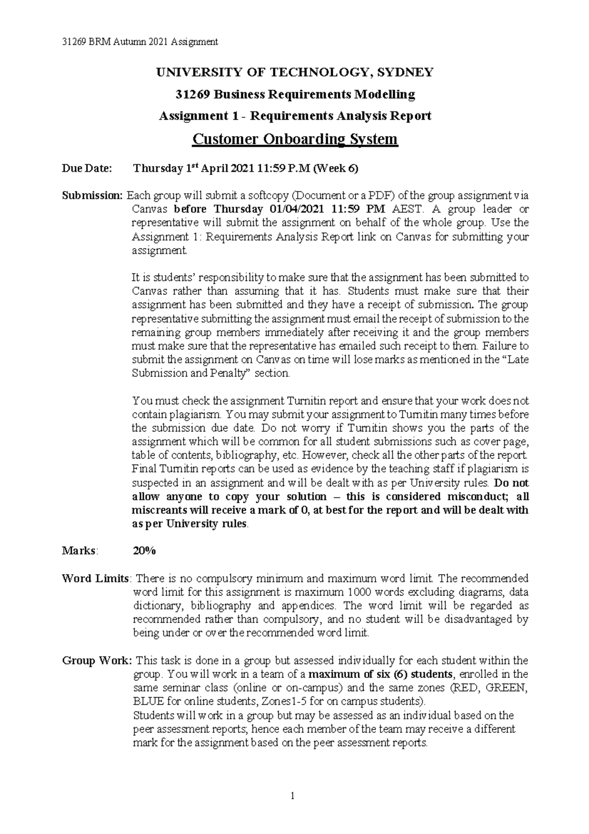 31269 BRM Autumn 2021 Assignment 1 - UNIVERSITY OF TECHNOLOGY, SYDNEY 31269 Business ...