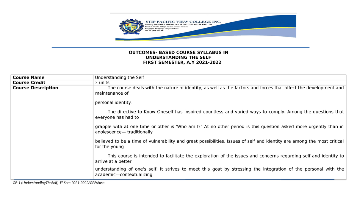 Understanding THE SELF New Syllabus - OUTCOMES- BASED COURSE SYLLABUS ...