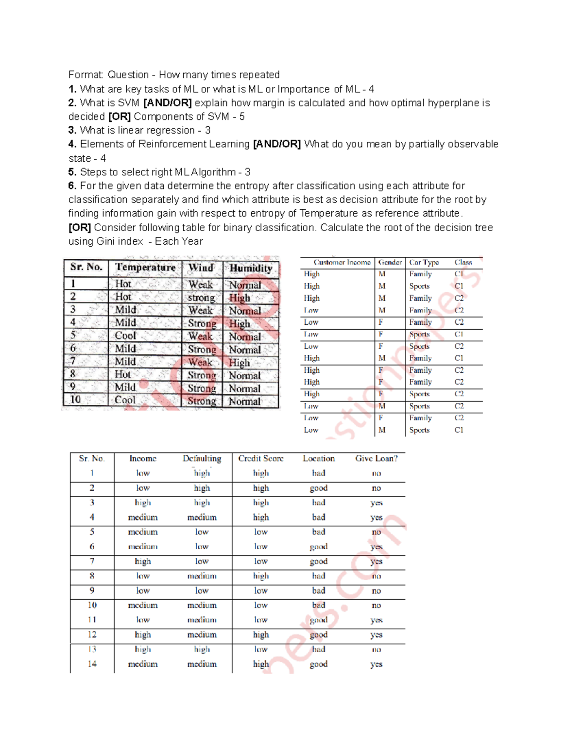 ML Repeated Questions - Material for Computer Engineering - Format: Question - How many times ...