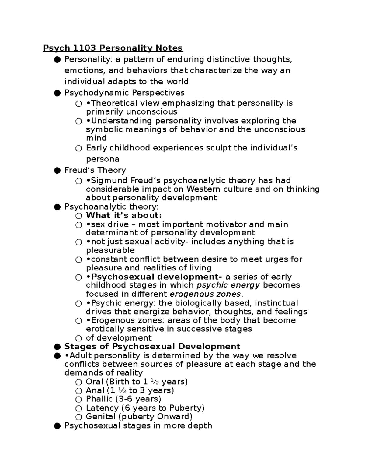 Psych 1103 Personality Notes - Psych 1103 Personality Notes Personality ...