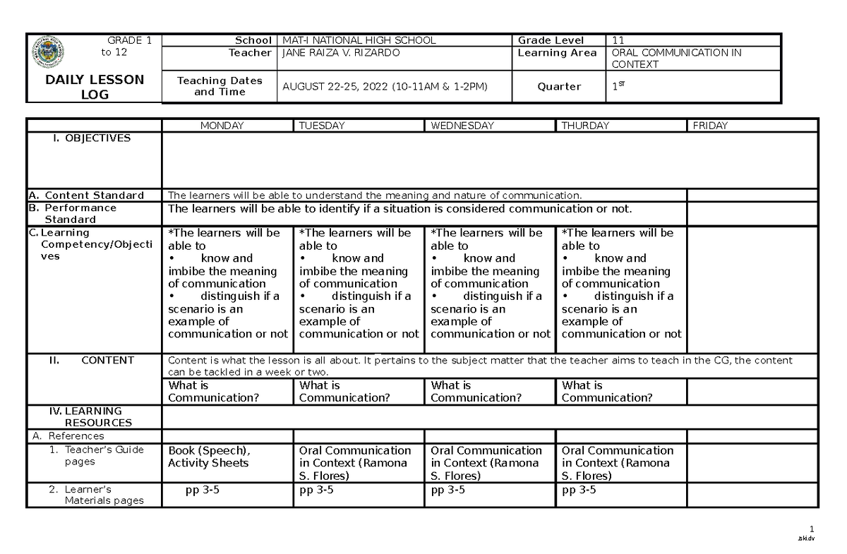 Communication - Education - GRADE 1 to 12 DAILY LESSON LOG School MAT-I ...