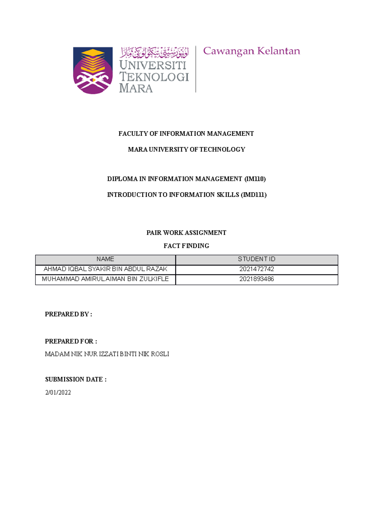 FACT FINDING ON RESOURCES - FACULTY OF INFORMATION MANAGEMENT MARA ...