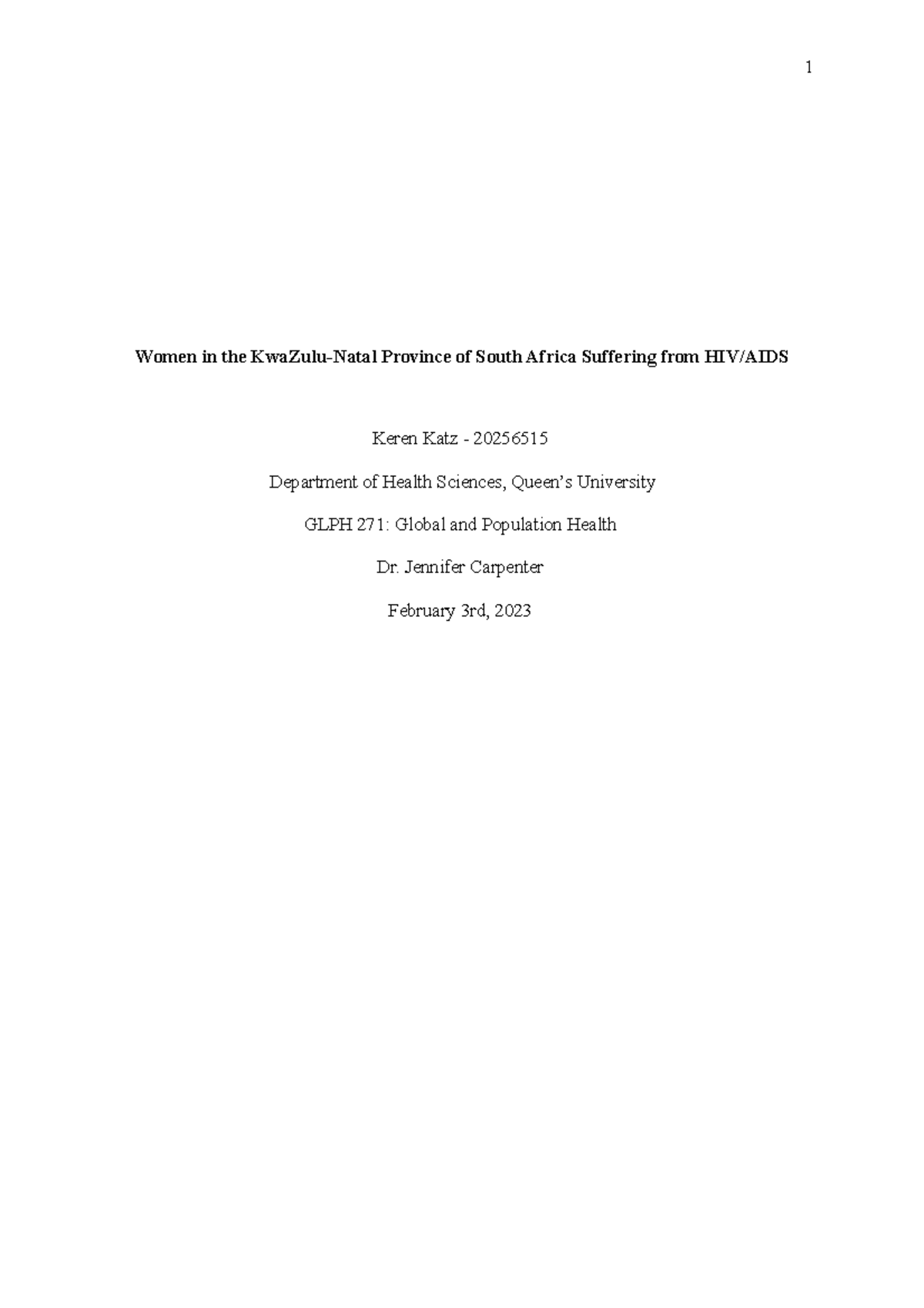 GLPH 271 Assignment 1 - Women in the KwaZulu-Natal Province of South ...