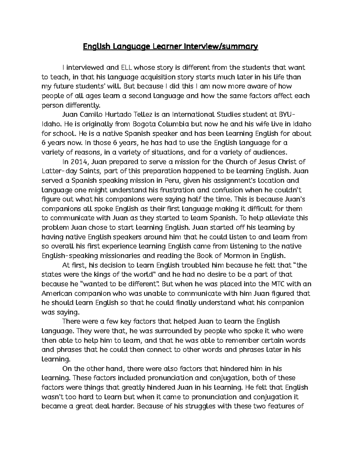 ELL interview - English Language Learner interview/summary I ...