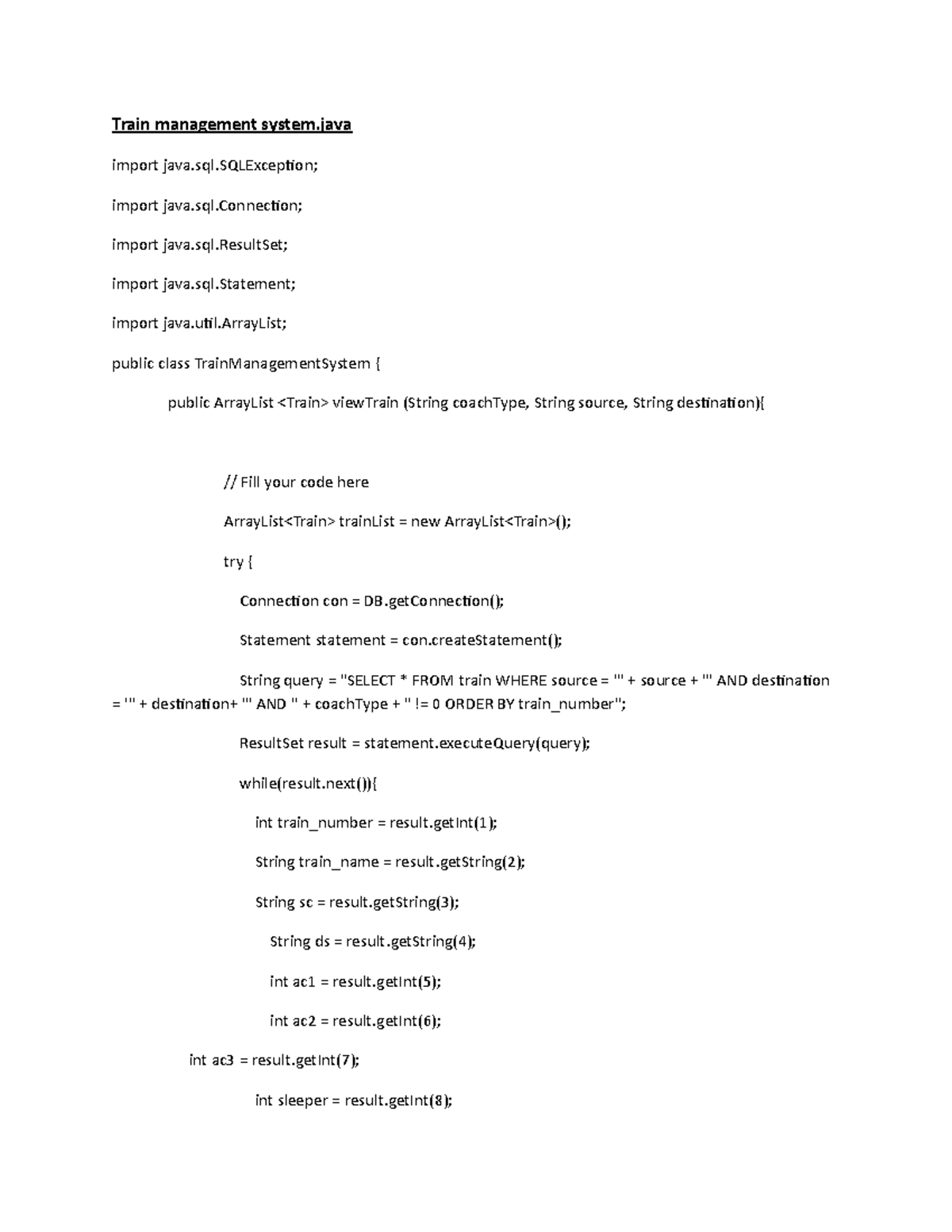 Java hands on documents - Train management system import java.sql; import java.sql; import java ...