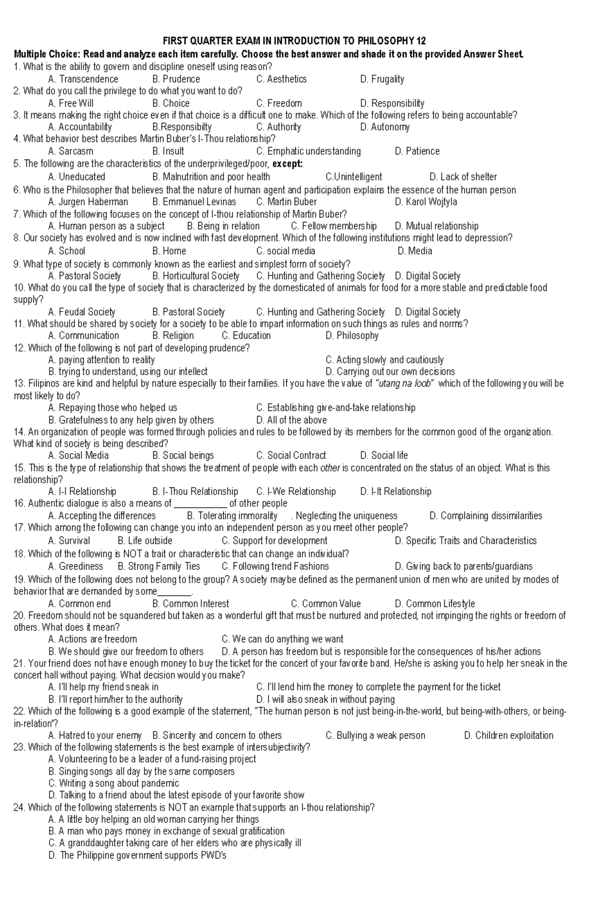 2nd Periodic EXAM IN Philo - FIRST QUARTER EXAM IN INTRODUCTION TO ...