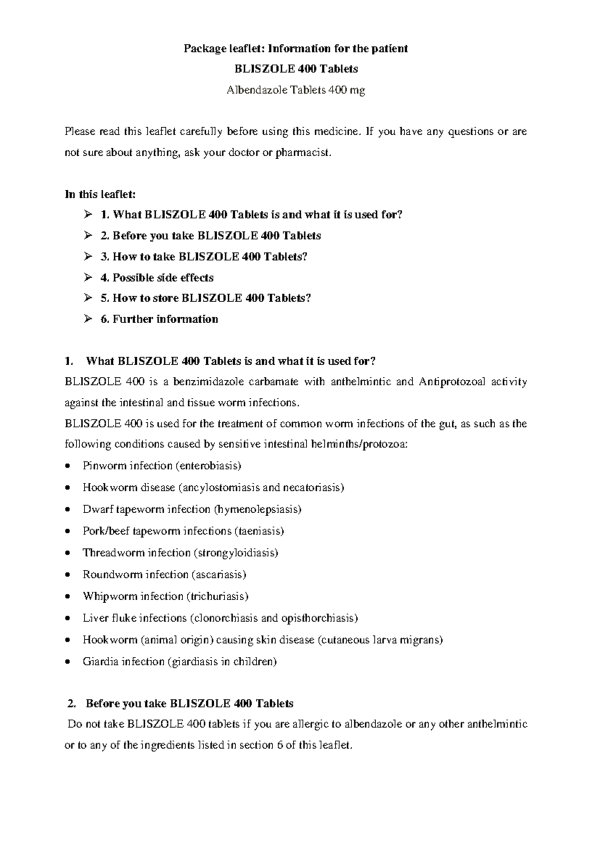 Albendazole (anthelmintic) - Package leaflet: Information for the ...